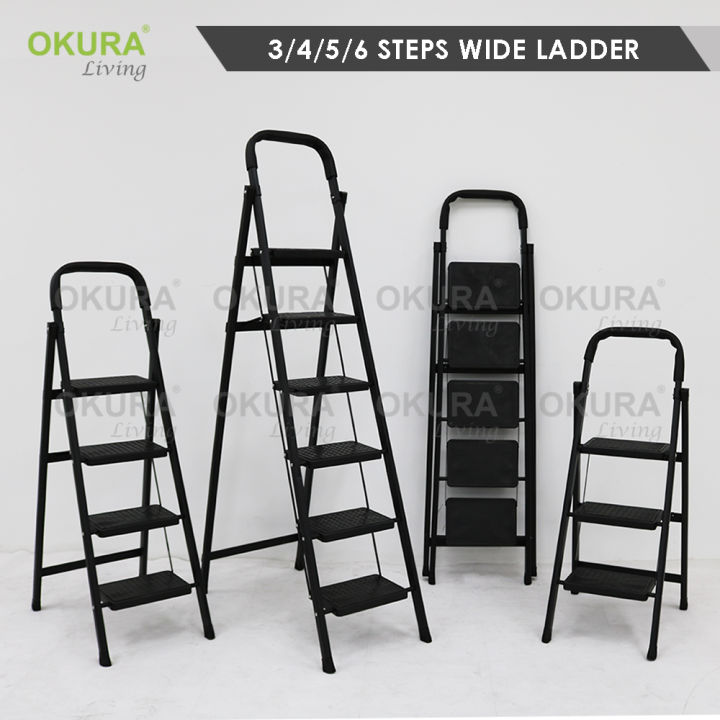 OKURA Folding Steel Pipe 3 / 4 / 5 / 6 Wide Step Ladder Foldable Household Indoor Platform Stair ...