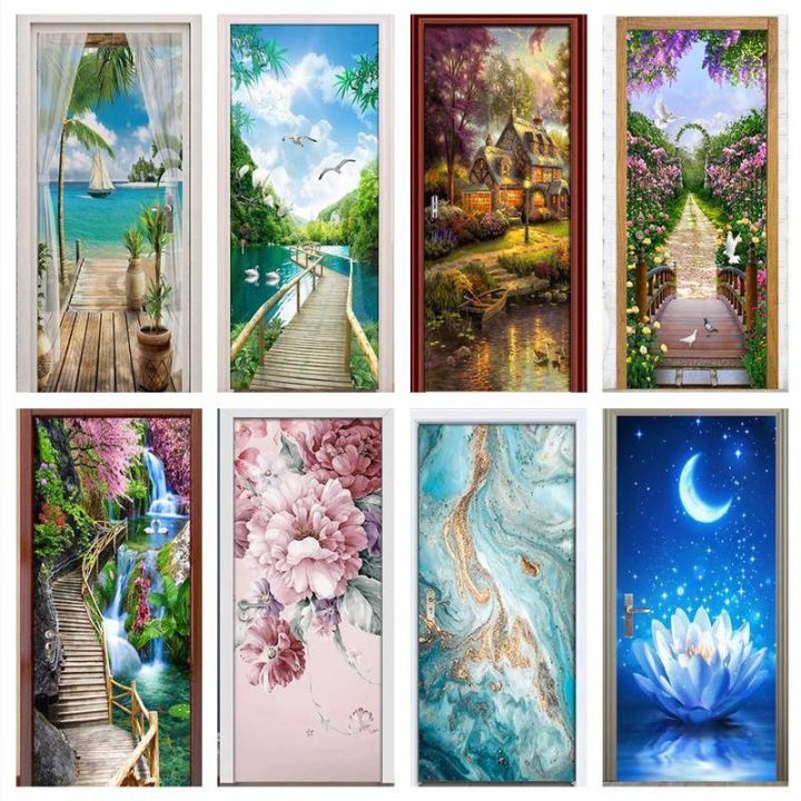 Custom modern Creative Stickers On The Door Landscape Flowers 3D ...