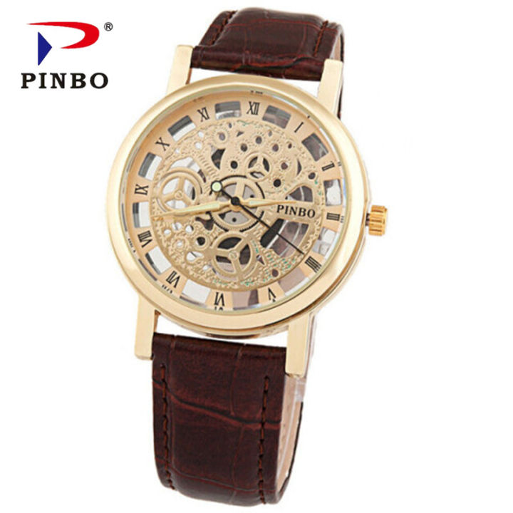 นาฬิกาPINBOนาฬิกาข้อมือแฟชั่นหน้าปัดโปร่งใสโชว์เครื่องจักรสายหนัง ...