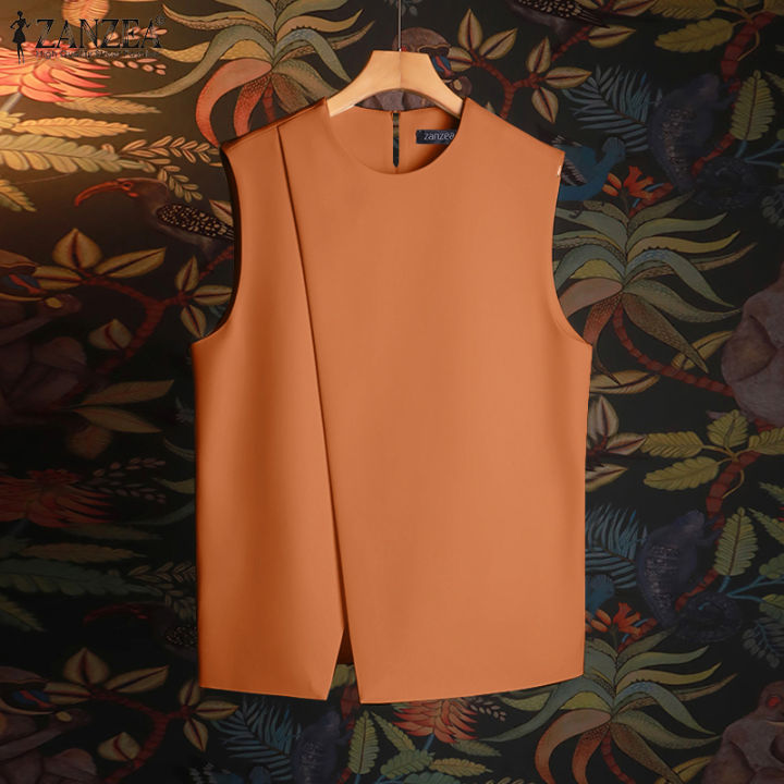 ZANZEA Womens Summer Irregular Loose O Neck Vest Slanted Lapel ...