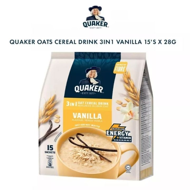 QUAKER 3-in-1 Oat Cereal Drink Vanilla Flavour 15 Sachets x 28g (420g) | Lazada