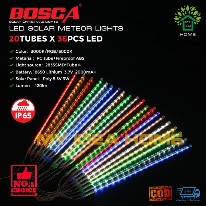 BOSCA LED Solar Meteor Lights 10 & 20TUBES Outdoor Waterproof Solar ...