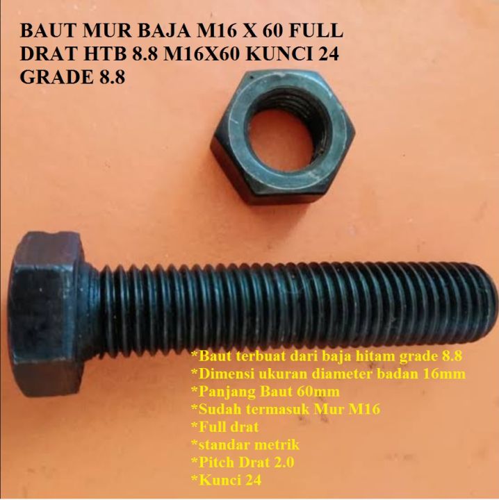 BAUT M16 BAJA / BAUT BAJA M16 KUNCI 24 / BAUT MUR BAJA M16 X 60 FULL DRAT HTB 8.8 M16X60 KUNCI ...