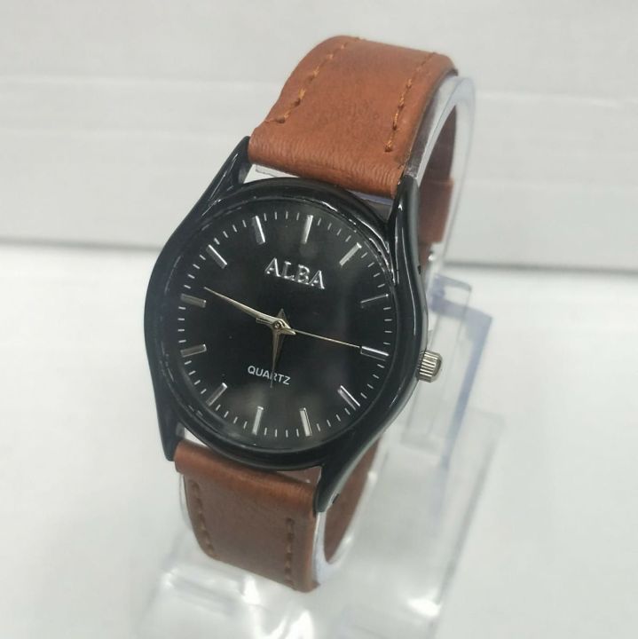 jam alba tali kulit coklat plat hitam | Lazada Indonesia