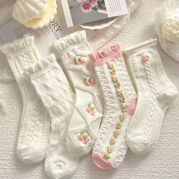 White Socks Japanese Pink Flower Socks Lace Jk Socks For Women Girls ...