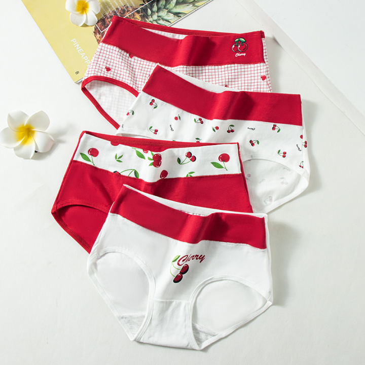 Red Underwear Cherry Cute High Waist Women's Cotton Briefs Seamless ...