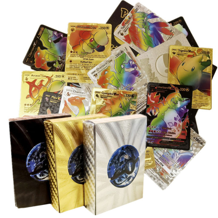 55Pcs/box Rainbow Pokemon Gold Cards Vmax GX EX Silver Black Flash ...