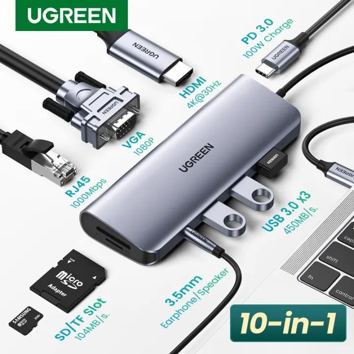 UGREEN USB C HUB 10 in 1 USB Type C to HDMI 4K USB 3.0 VGA PD 3.5mm Full Function HUB Converter ...