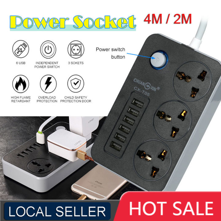 Universal Extension Power Socket 6 USB Power Strip 3 outlet 4M 2M 2500W ...