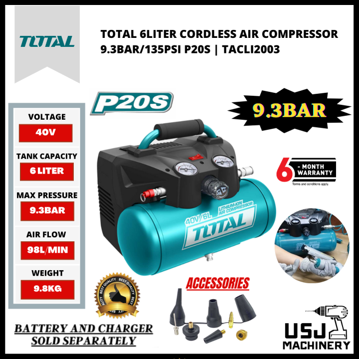TOTAL Cordless Air Compressor 6Litre 9.3bar/135psi P20s - TACLI2003 ...