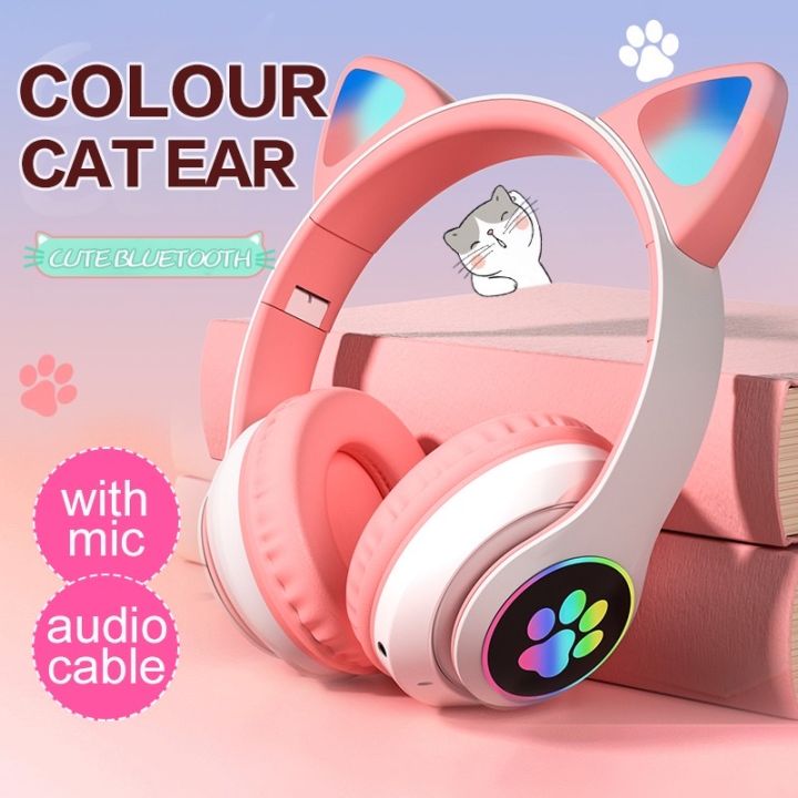 Cute Cat Headphone LED Bluetooth Headphones Extra Bass Wireless Headset ...