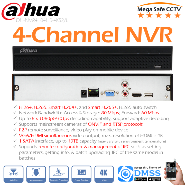 Dahua 4CH 4K H.265 NVR Network Video Recorder (DHI-NVR4104HS-4KS2/L), 1 ...