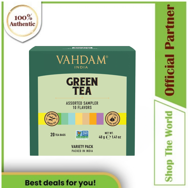 VAHDAM Assorted Green Tea Sampler (10 Flavors, 20 Tea Bags), 100% Pure ...