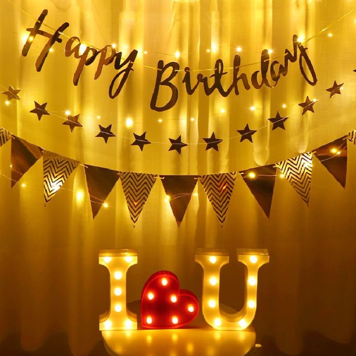 Happy Birthday Banner And LED Light String Wall Background Letters ...