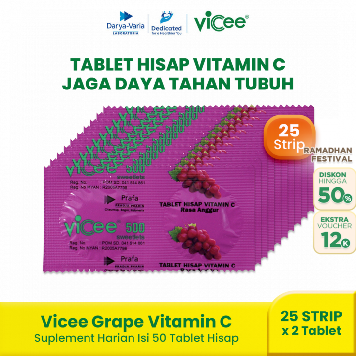 Vicee Grape Vitamin C Suplement Harian Isi 50 Tablet Hisap (25 Strips x ...