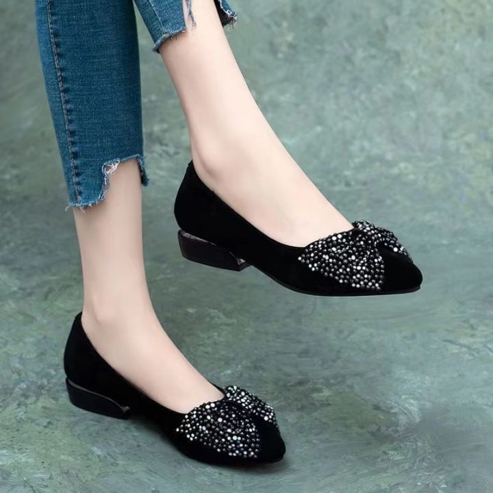 【COD】Bow knot diamond single shoes new shallow cut low heel thick heel ...