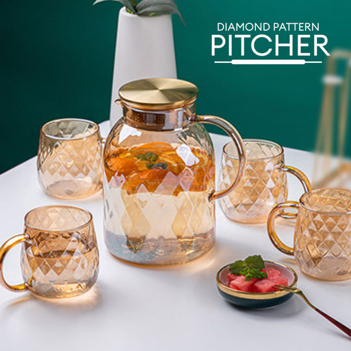 Diamond Pattern Borosilicate Glass Pitcher Spout Fresh Fruit Juice Tea ...