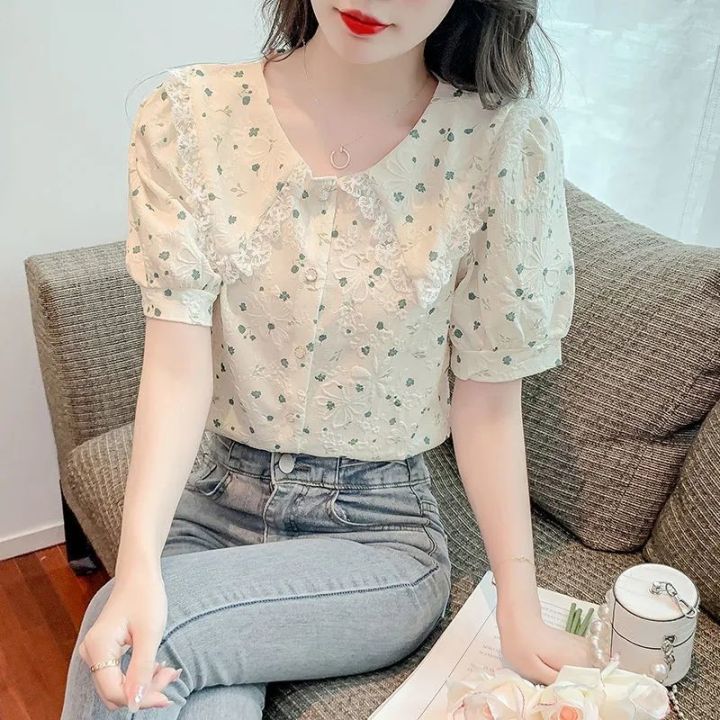 UXV-2023 ใหม่ฤดูร้อนแตกดอกไม้ฟองแขนชีฟองแขนสั้นเสื้อผู้หญิงตุ๊กตาคอฝูง ...