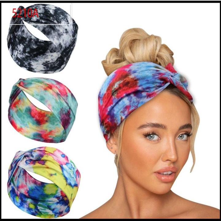 5210A ผ้ามัดย้อม แถบคาดศีรษะ ผ้าคอตตอน ความกว้างกว้าง วงผมโยคะ แฟชั่นสำหรับผู้หญิง ใหญ่พิเศษ ...