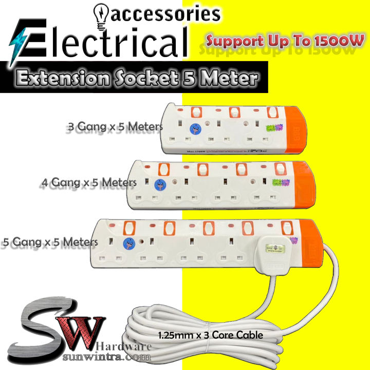 2mtr 5mtr Portable Extension Trailing Socket Extension Plug Adapters 1 25mm X 3 Core Cable