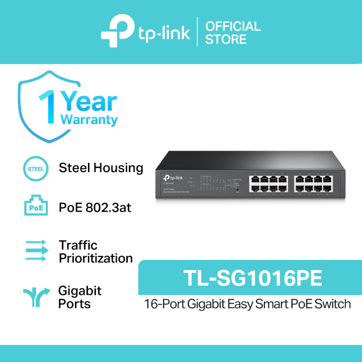 TP-Link TL-SG1016PE Plug and Play 10/100/1000Mbps 16-Port Gigabit Easy Smart PoE Switch with 8 ...