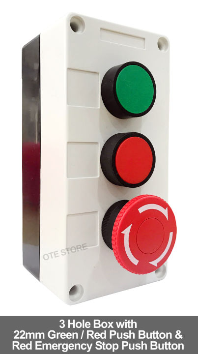 3 Hole Box with 22mm Green / Red Push Button & Red Emergency Stop Button Switch (ST-2PB-1ES ...