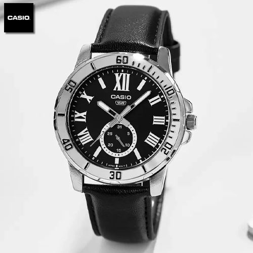 Velashop นาฬิกาข้อมือผู้ชายคาสิโอ Casio Standard Analogmen สายหนังสีดำ หน้าปัดดำ รุ่น Mtp