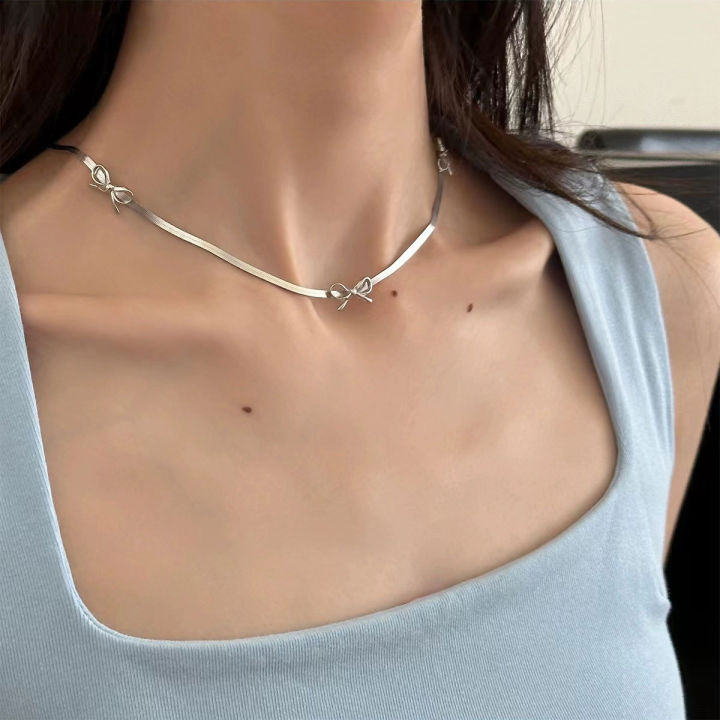 Persistence S925 Women's Sterling Silver Bowknot Snake Bone Chain Necklace 2024 Annual Popular ...