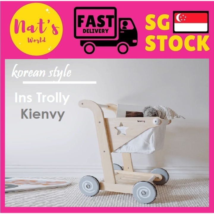 Baby Children Toddler Push Walker Wooden Toy Shopping Trolley Cart ...