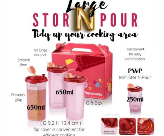 Tupperware Large Stor N Pour (3) 650ml With Gift Box PWP Mini Stor N Pour (1) 250ml | Lazada