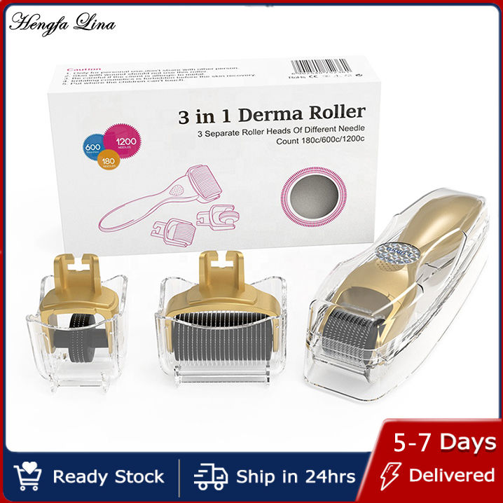3 In 1 Derma Roller Kit 180/600/1200 Titanium Needle Skin Care Gold ...