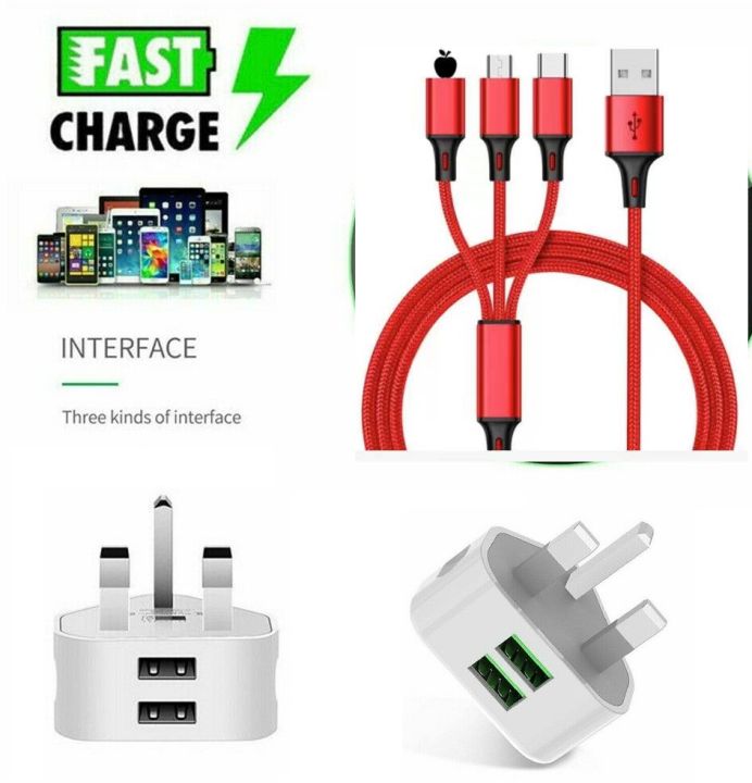Mains 3 Pin UK Plug 3 AMP USB Adapter Wall Charger 3 in 1 Micro USB ...