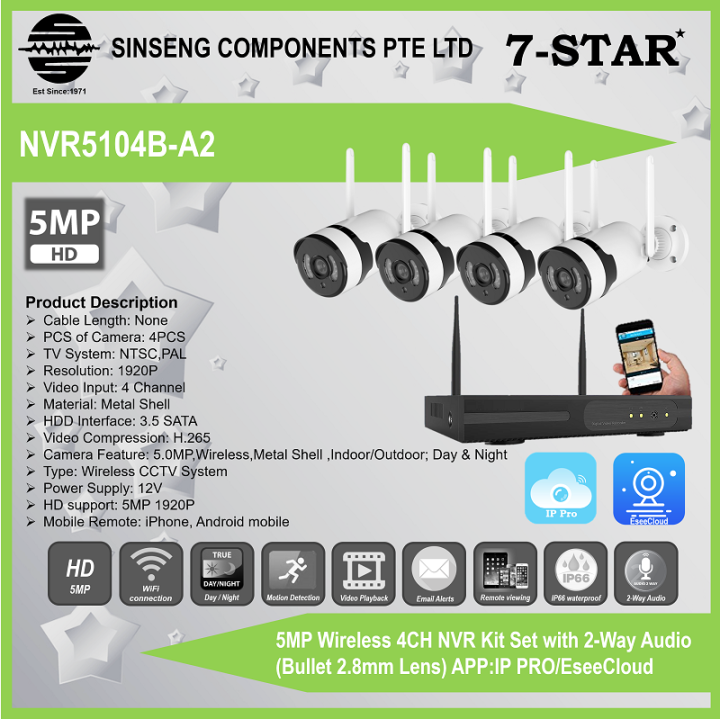 5MP Wireless 4CH NVR Kit Set with 2-Way Audio (Bullet 2.8mm Lens) APP:IP PRO/EseeCloud[Order ...