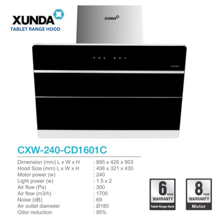 XUNDA CXW-240-CD1601C STAINLESS STEEL+TEMPERED GLASS 1700m3/h POWER SUCTION SMART SENSOR TOUCH ...