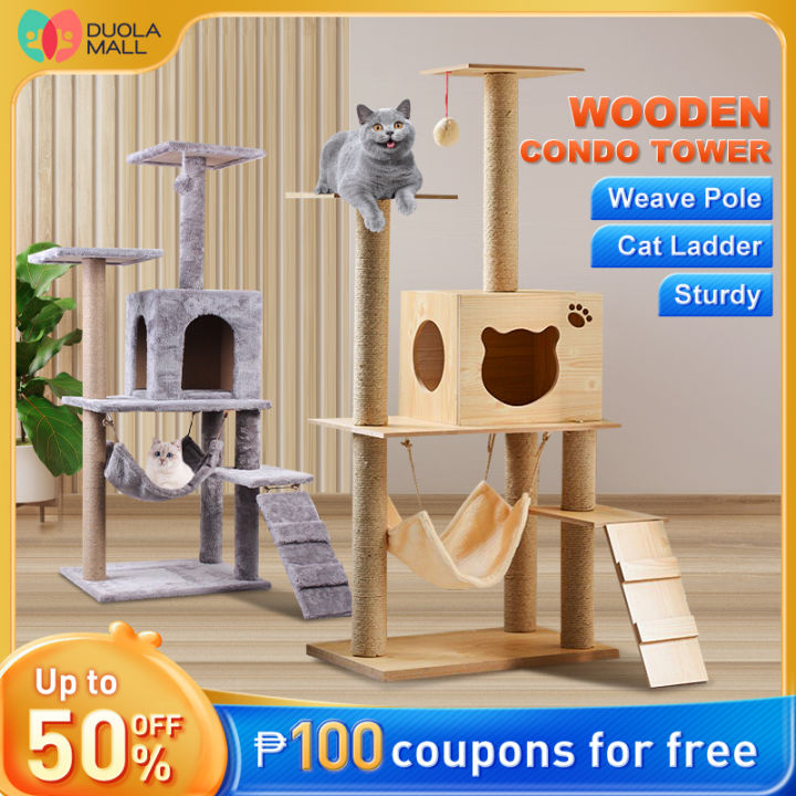 Wooden Cat Tree Cat Condo Bed Scratcher House Cat Tower Hammock Cat