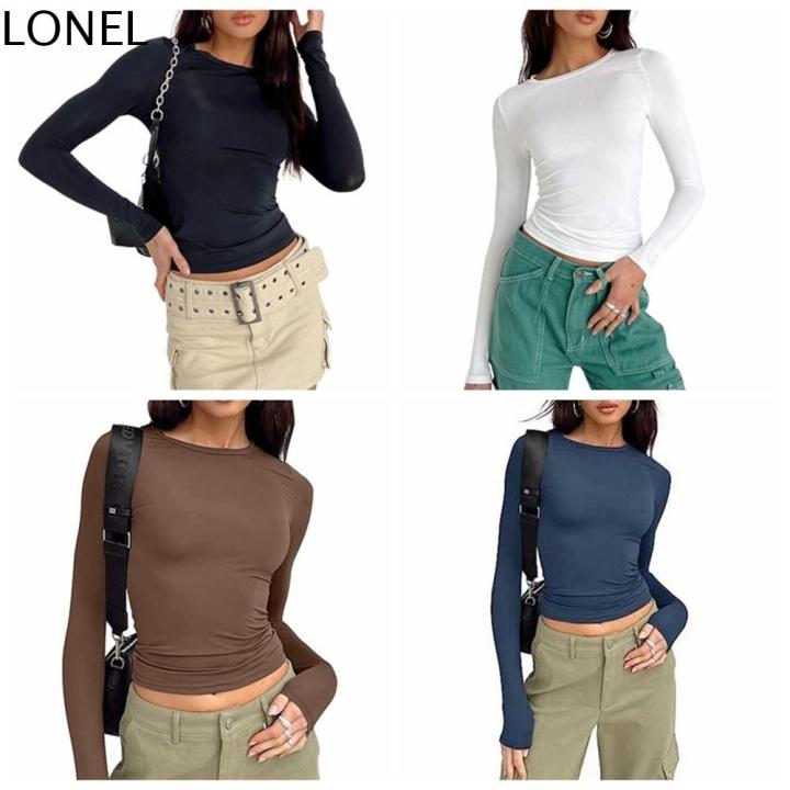 LONEL แขนยาวแขนยาว เสื้อยืดสำหรับผู้หญิง ฐานประเดิม เสื้อสวมหัว เสื้อ ...