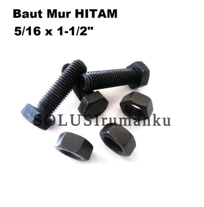 ( 5 PCS ) Baut Mur HITAM 5/16" X 1 1/2" drat kasar / Kepala Baud KUNCI ...