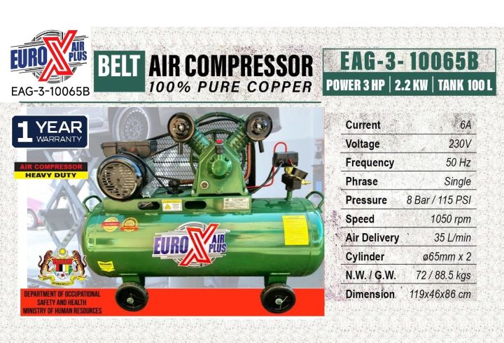 Euro-X Air Plus 3.0Hp 100L 8.8CFM Belt-Driven Air Compressor (JKKP / DOSH) | Lazada