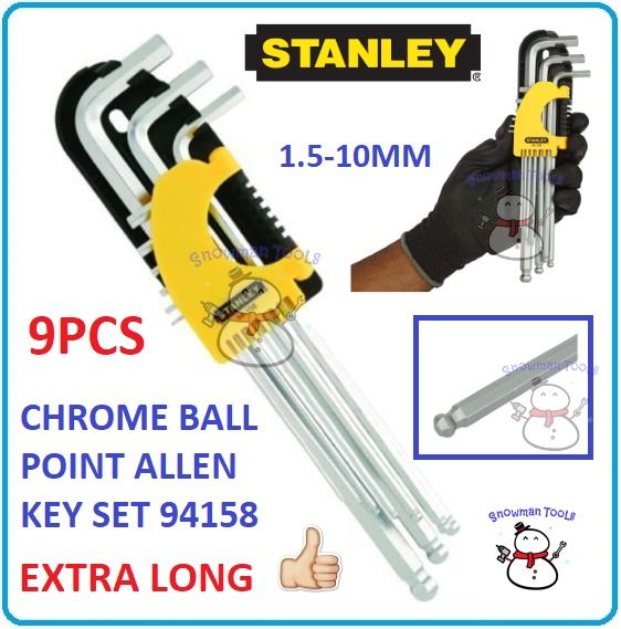 STANLEY 9PCS EXTRA LONG CHROME BALL POINT ALLEN KEY SET HEAVY DUTY END ...