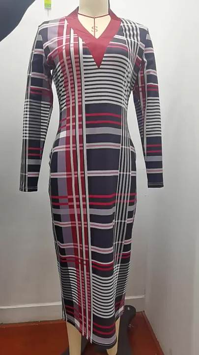 FE2023 ยุโรปและอเมริกาฤดูใบไม้ร่วงและฤดูหนาวแฟชั่นใหม่พิมพ์ลายสก๊อต V ชุดเดรสเซ็กซี่แขนยาวคอปก ...