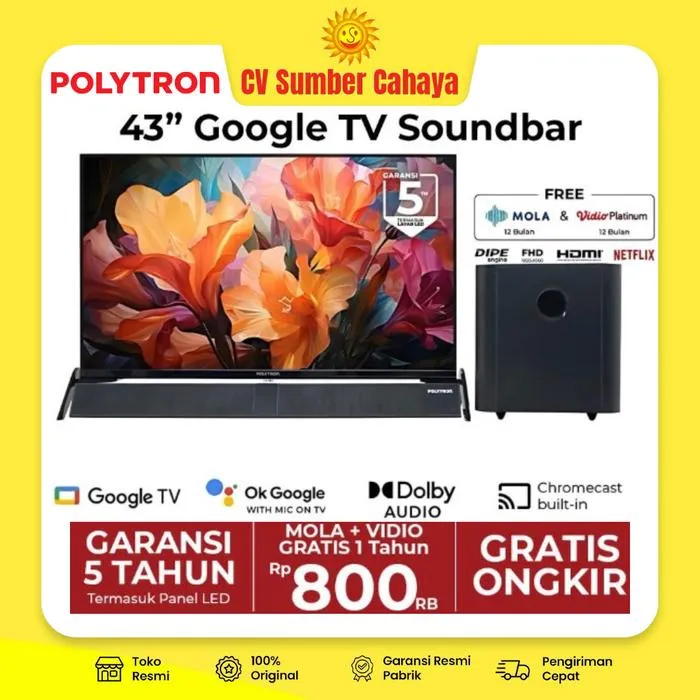 Polytron LED Smart Google TV 43" Full HD Sound Bar Subwoofer Cinemax ...