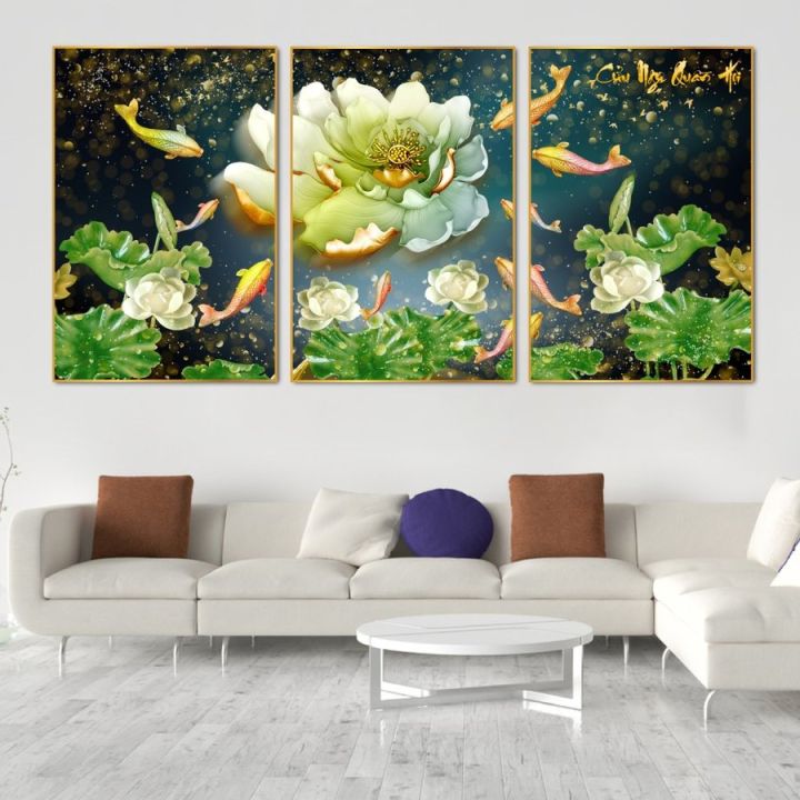 Lalashop-golden fish lotus flower wall painting set 3 panel beautiful ...