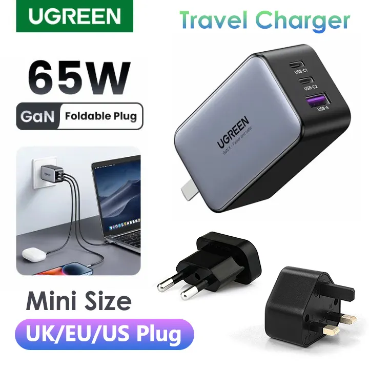 UGREEN PD 65W GaN Wall Charger Foldable Type C 3 Ports 2*USB C 1*USB A ...