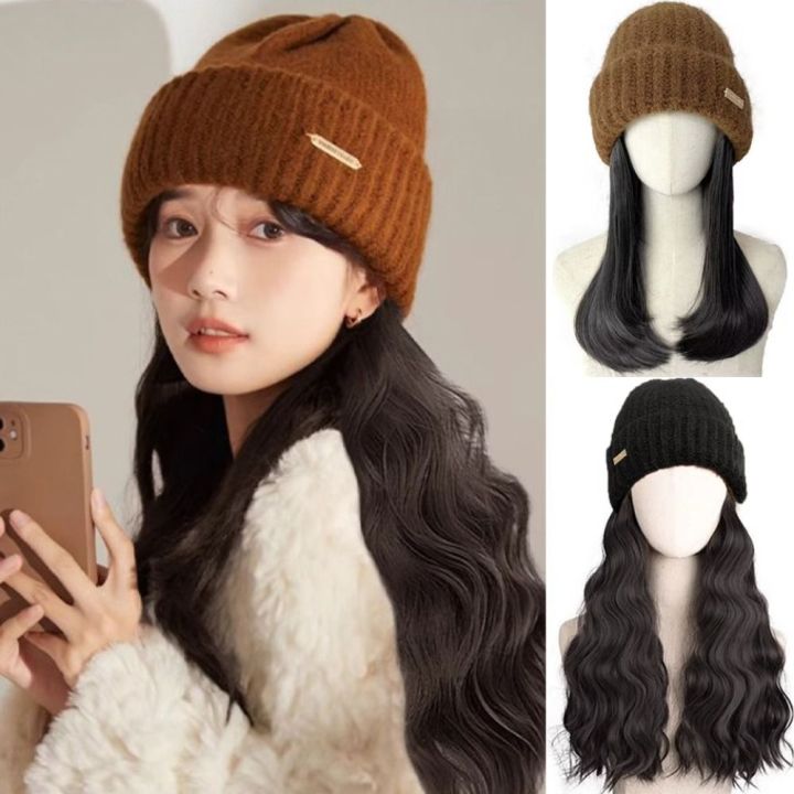 Y2K2 หมวกวิกผมผู้หญิง สไตล์เกาหลีแบบ หมวกบีนนี่พร้อมวิกผม อบอุ่นและอบอุ่น ฤดูหนาวฤดูใบไม้ร่วงฤดู ...