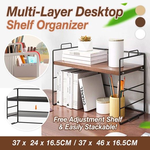 1/2/3 Tiers Desktop Shelf Organizer Adjustable Wood Display Desk Shelf ...