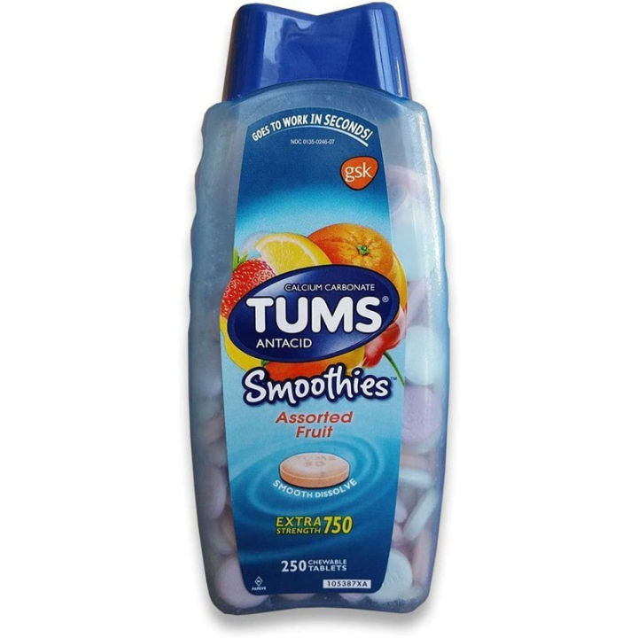 TUMS Calcium Carbonate Smoothies Assorted Fruit, 250 Chewable Tablets ...