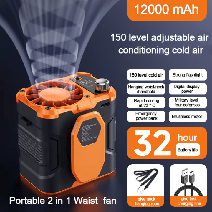 Portable Waist Fan USB Hanging Neck Mini Fan 12000mAh Portable Waist ...