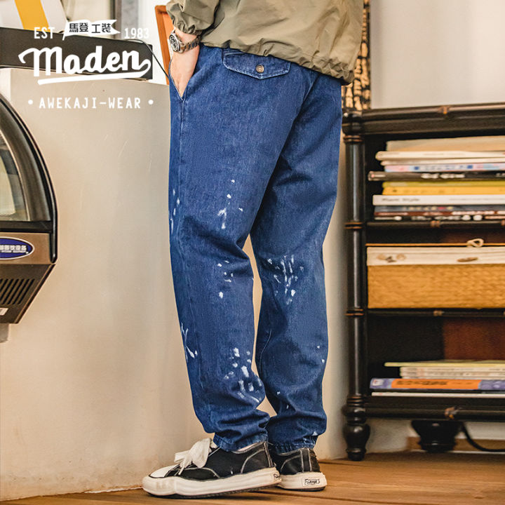 Uncle Fu MADEN ผ้ายีนส์ฮิปฮอปยีนส์เอวยางยืดแลคเกอร์ลายจุดแบบอเมริกัน ...