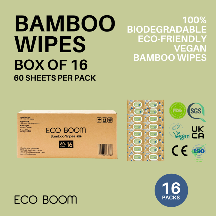 BOX OF 16 ECO BOOM Wipes 100% Biodegradable Vegan Bamboo 60 Sheets ...