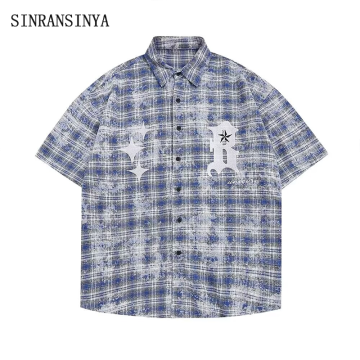 SINRANSINYA丨เสื้อเสื้อสเวตเตอร์แขนสั้นเสื้อเชิ้ตลายสก๊อตสตรีทดีไซน์ใหม่ ...